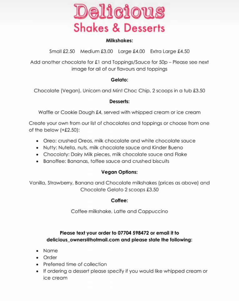 Menu at Delicious Desserts, Toddington