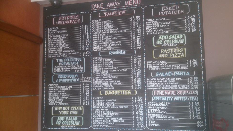 Menu at Delight's cafe, Glasgow, 170 Woodhill Rd