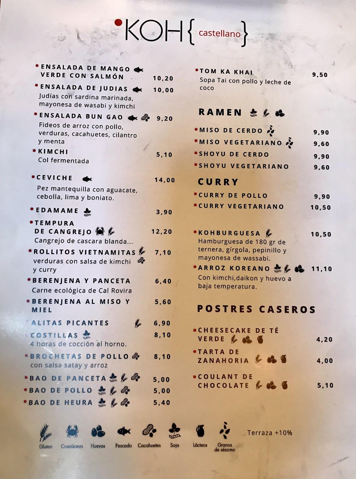 Carta del restaurante koh, Barcelona