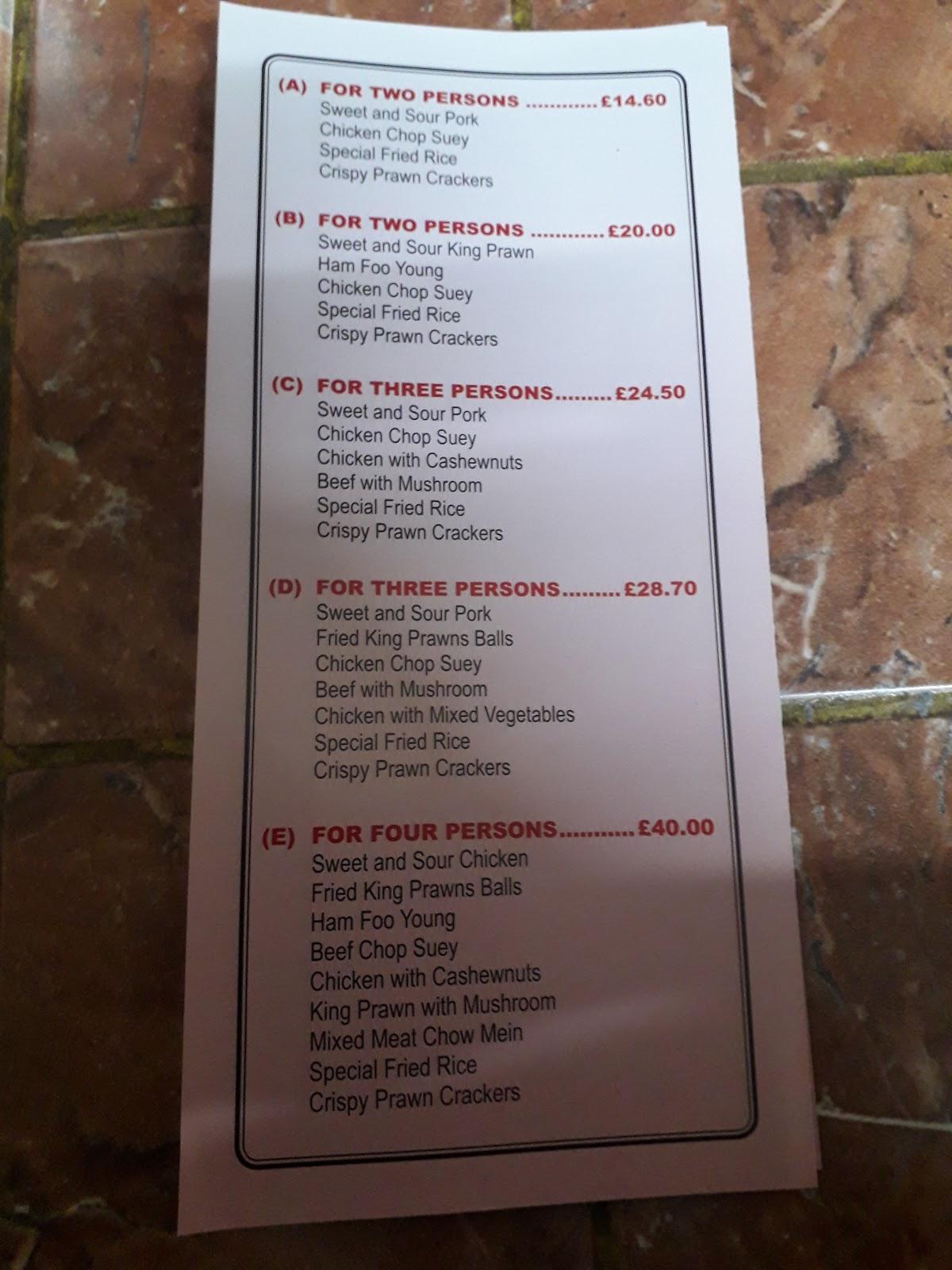 Menu at Loon Tin fast food, Slough