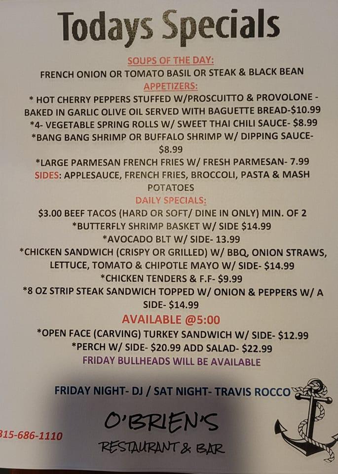 Menu at O'Briens Restaurant & Bar, Clayton