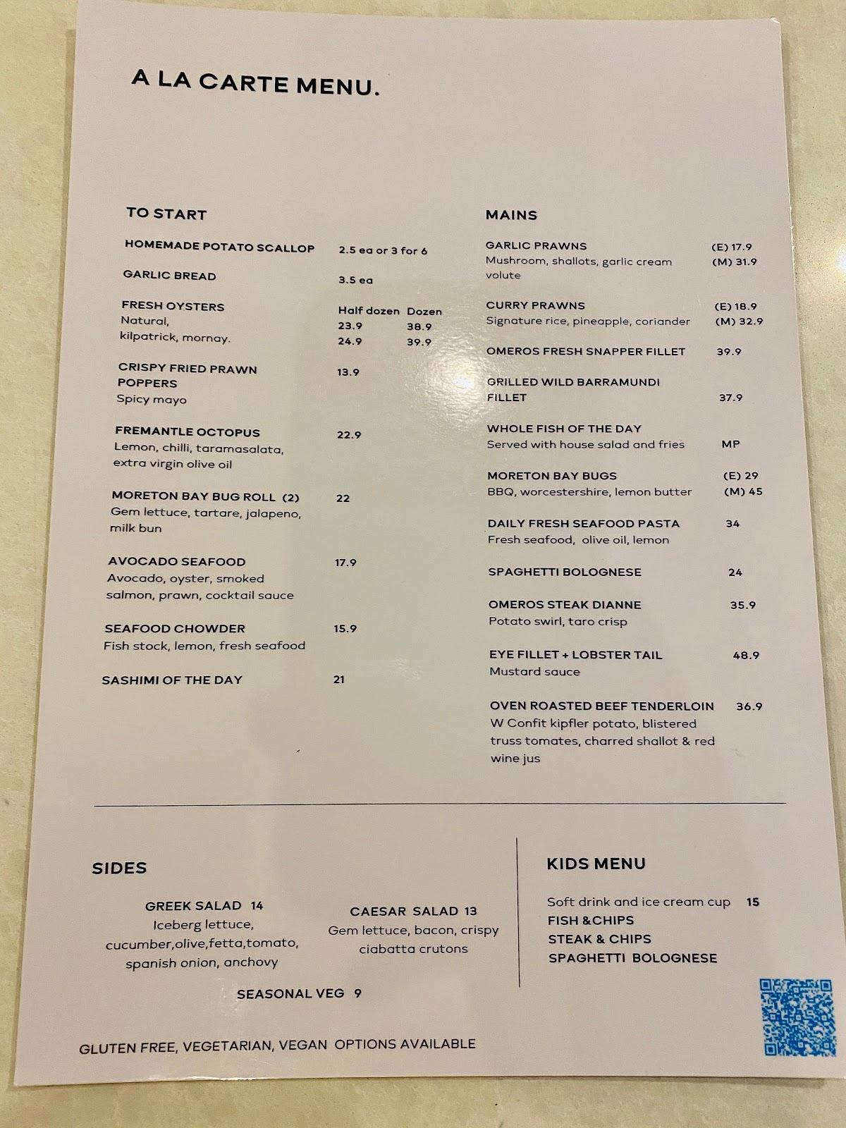 Menu at Omeros Fishbar, Benowa
