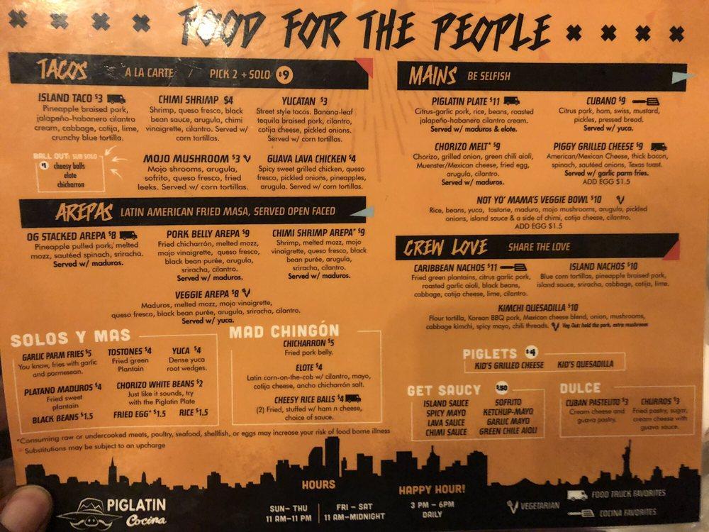 Menu at Piglatin Cocina pub & bar, Colorado Springs