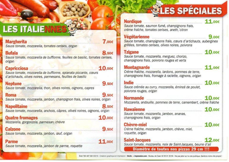 Menu at Pizza Bianca pizzeria, France