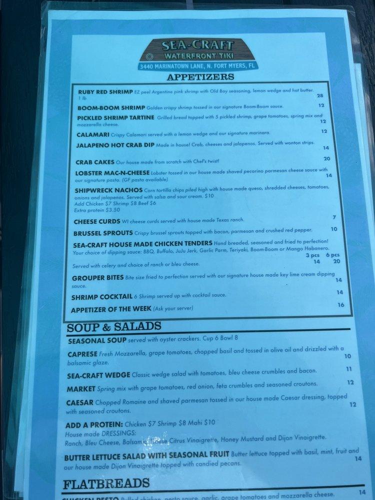 Menu at Sea-Craft Waterfront Tiki pub & bar, North Fort Myers
