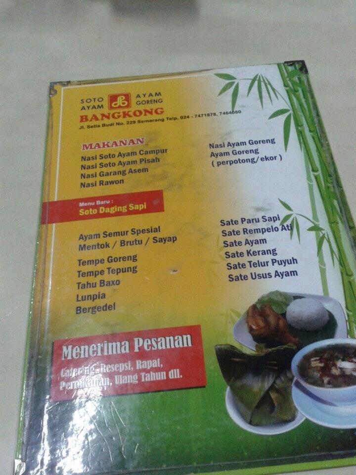 Menu at Soto Bangkong restaurant, Semarang, Jl. Setia Budi No. 22