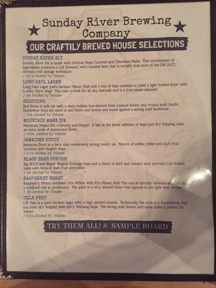 Menu at Sunday River Brewing pub & bar, Bethel