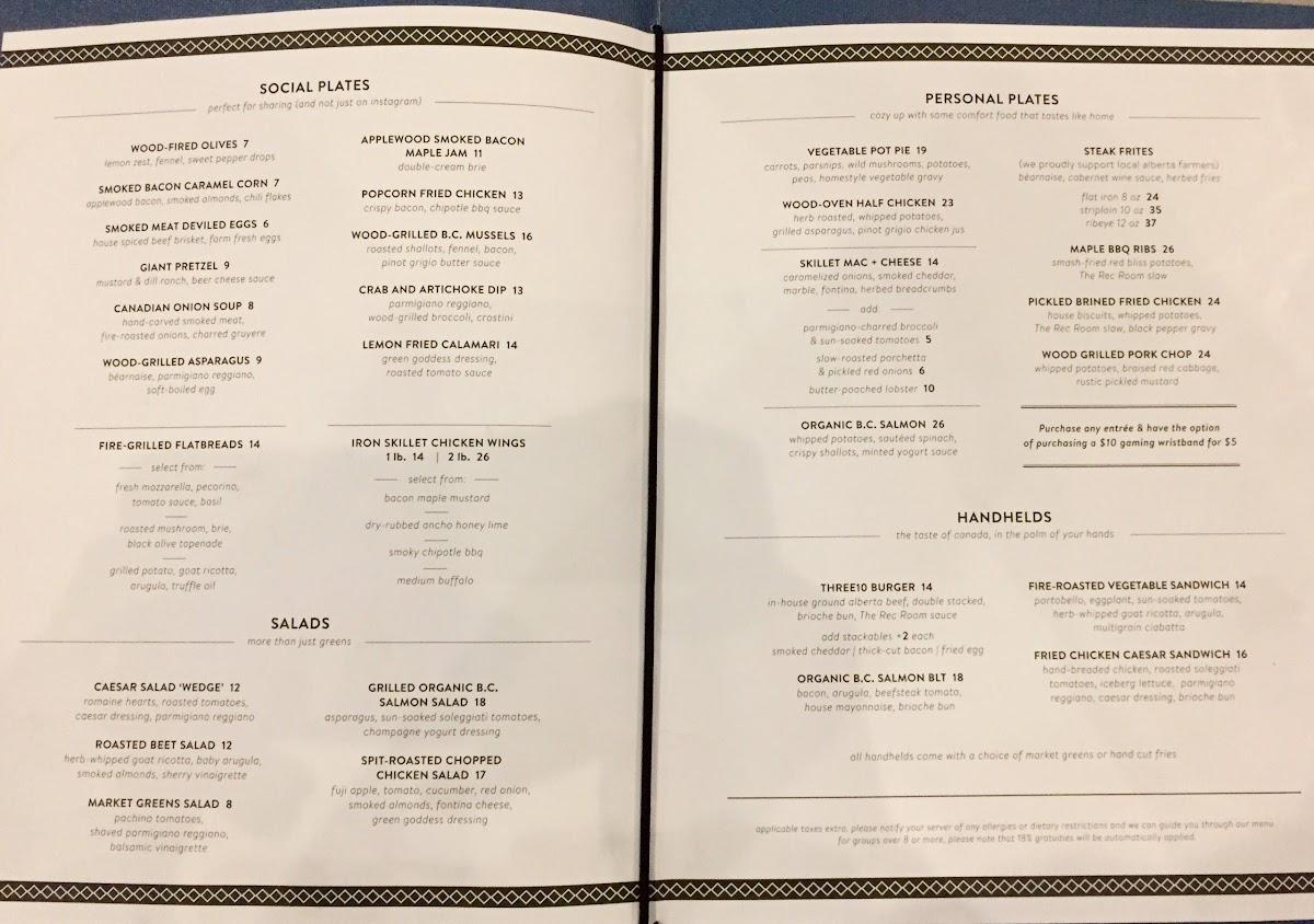 Menu at The Rec Room pub & bar, Edmonton, 99 St NW