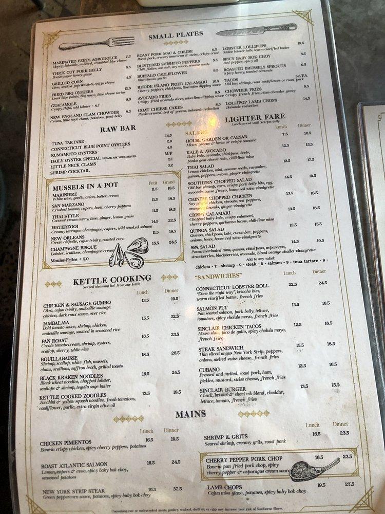 Menu at The Sinclair pub & bar, Fairfield