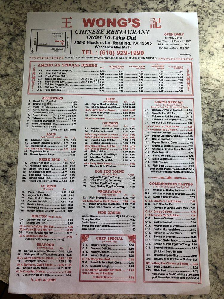 Menu at Wong's Chinese Restaurant, Reading