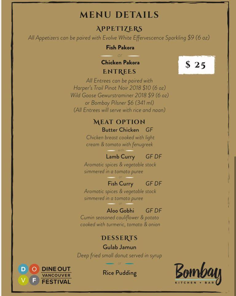 Menu at Bombay Kitchen and Bar, Vancouver