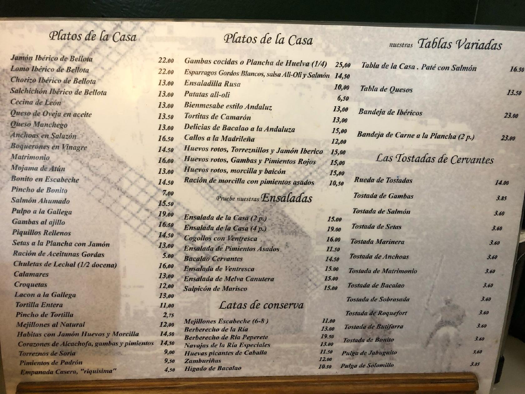 Menu at Cervantes pub & bar, Madrid, Pl. Jesús