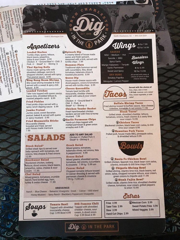 Menu at DIG In The Park pub & bar, North Charleston