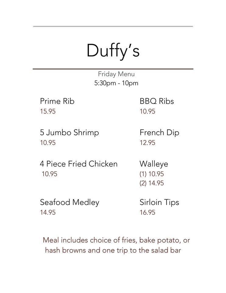 Menu at Duffy's Bar, Hoople