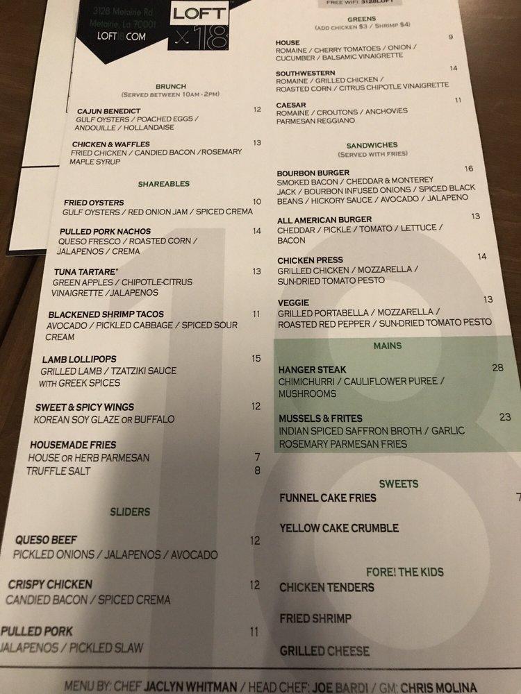Menu at LOFT18 Metairie pub & bar, Metairie