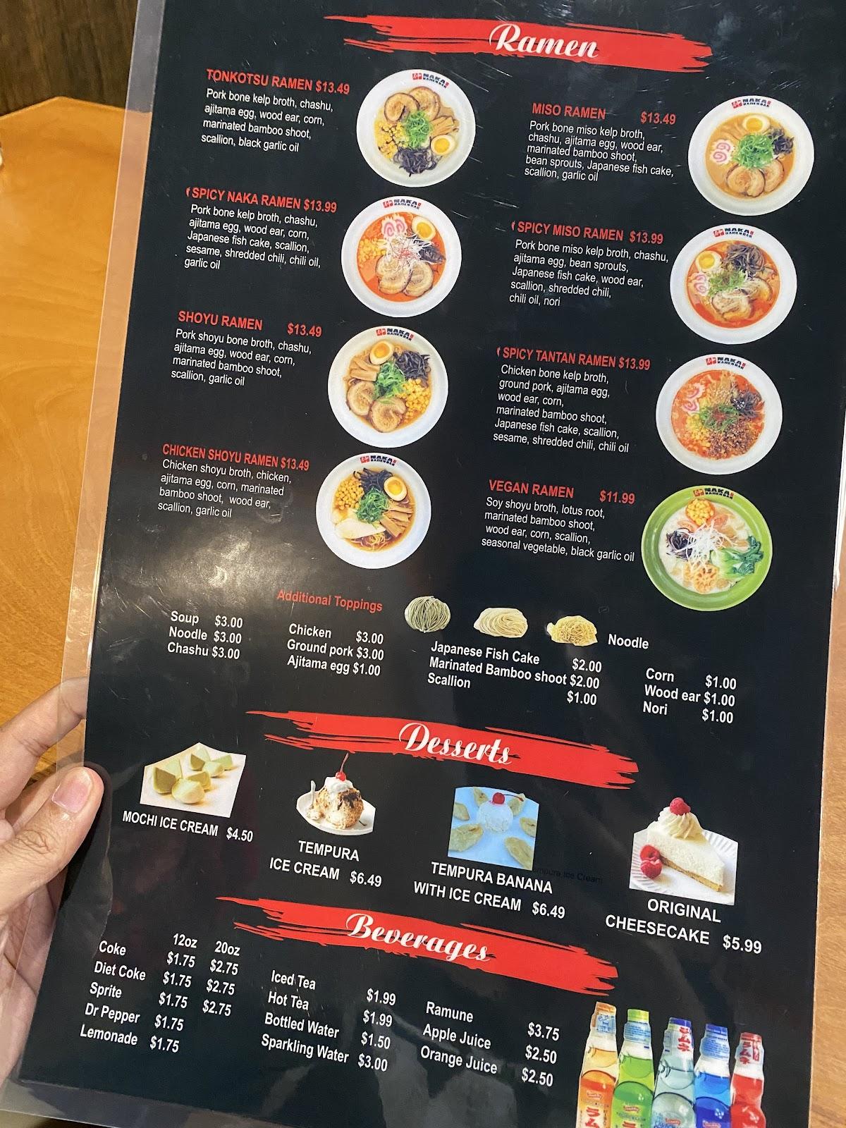 Menu at NAKA Ramen restaurant, Missouri City