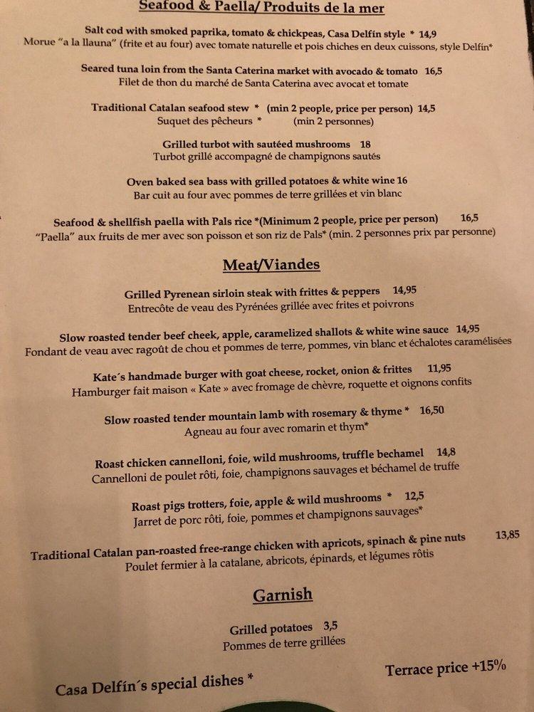 Menu at Restaurant Casa Delfín, Barcelona, Passeig del Born