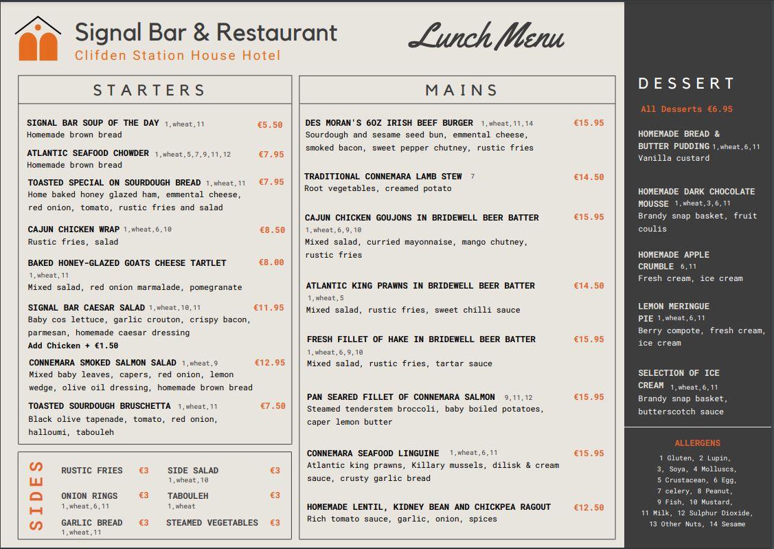 Menu at Signal Bar and Restaurant, Clifden