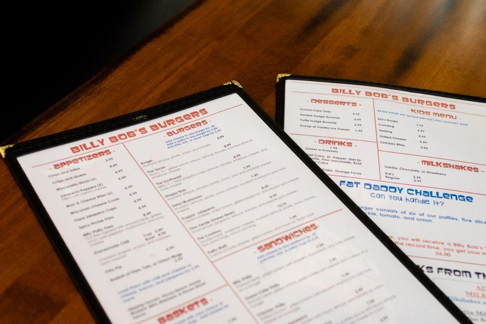 Menu at Billy Bob's Burgers Bar & Grill, Waco