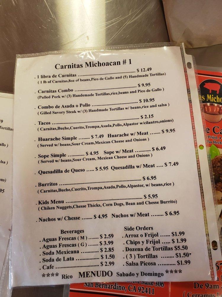 Menu at Carnitas Michoacan # 1 restaurant, San Bernardino, n N Mt ...