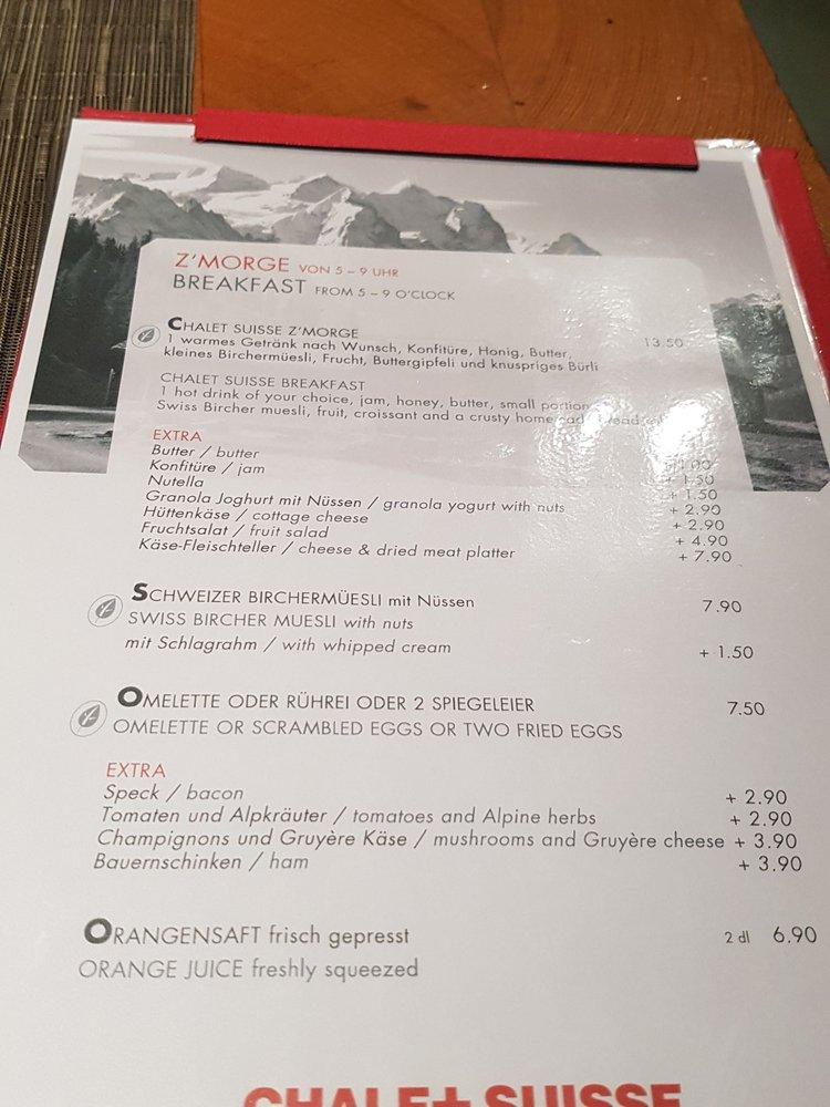 Menu at Chalet Suisse, Kloten, Zurich Airport