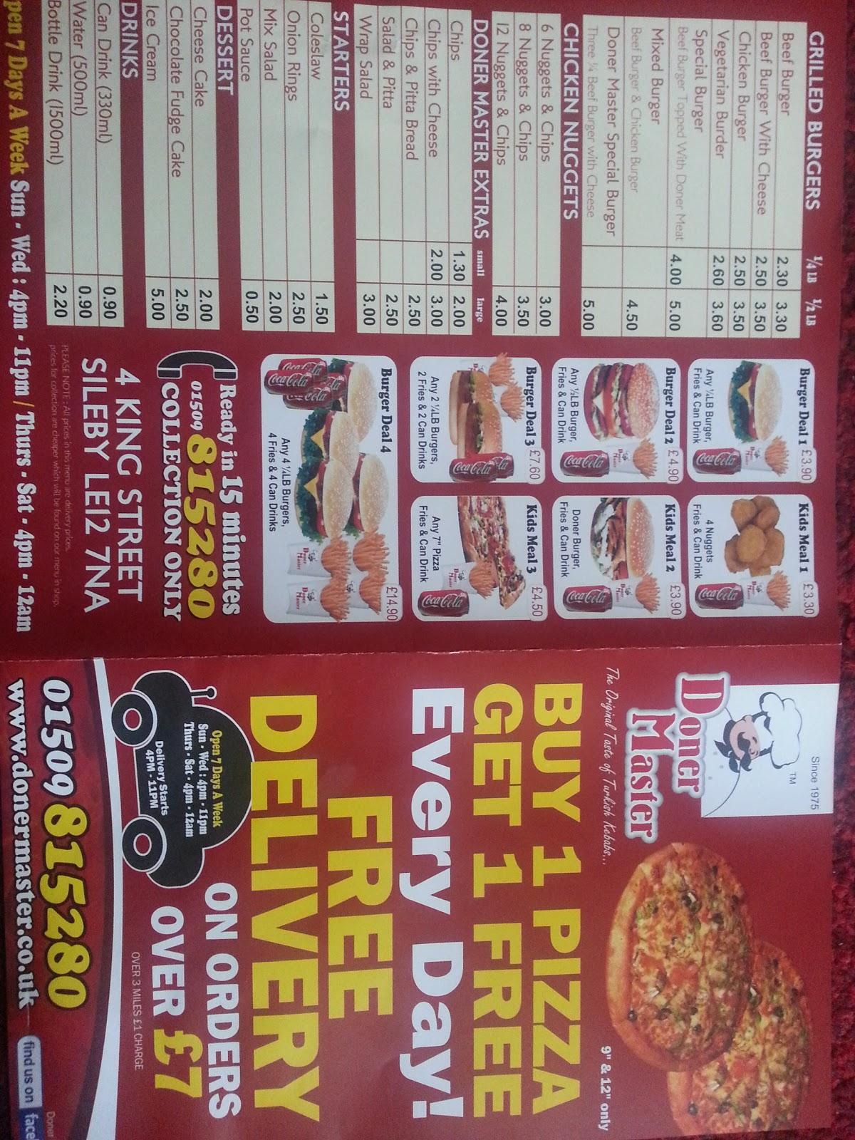 Menu at Doner Master pizzeria, Mountsorrel, 4 King St
