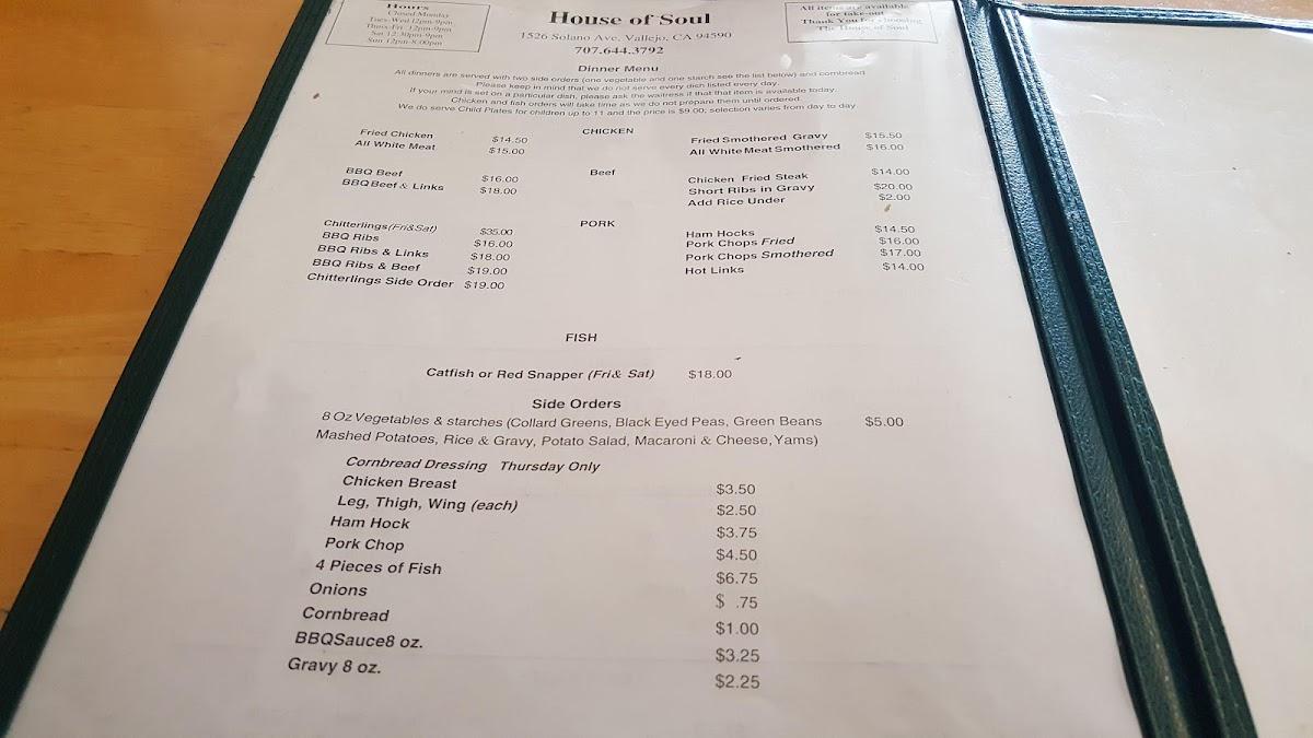 Menu at House of Soul restaurant, Vallejo, Solano Ave