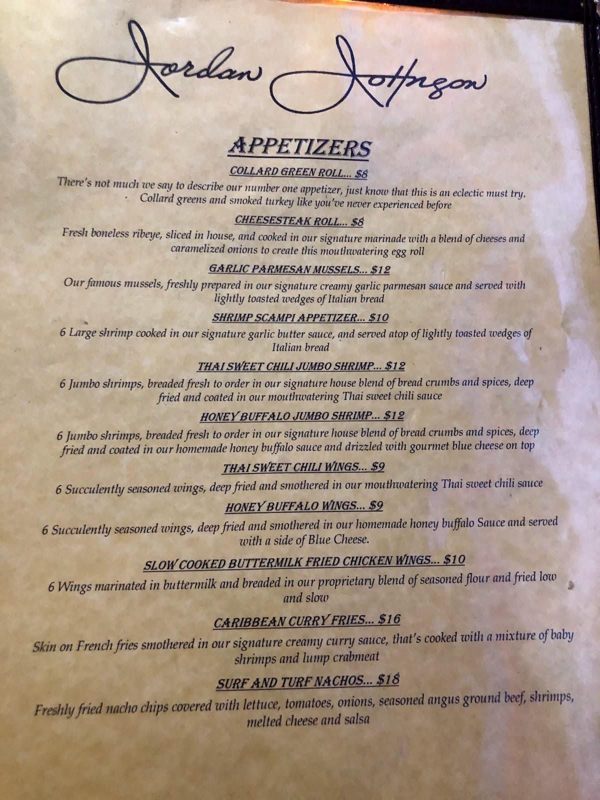 Menu at Jordan Johnson's Gourmet Seafood restaurant, Philadelphia ...
