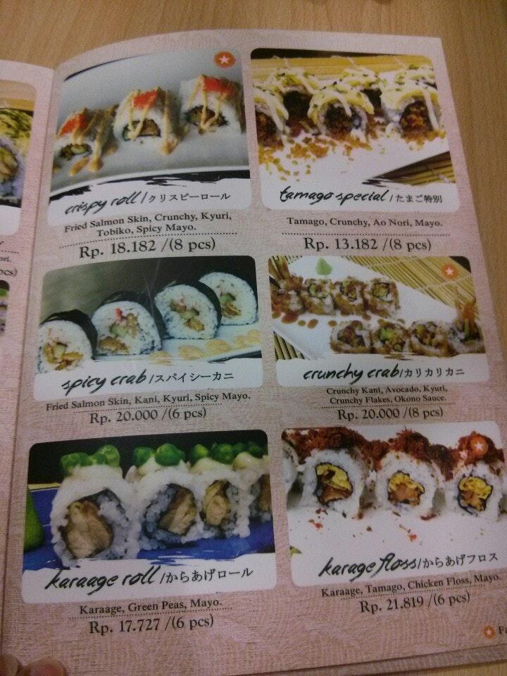 Menu at Kyo Sushi restaurant, Jakarta, Jalan Boulevard Raya Blok FW1 No.8