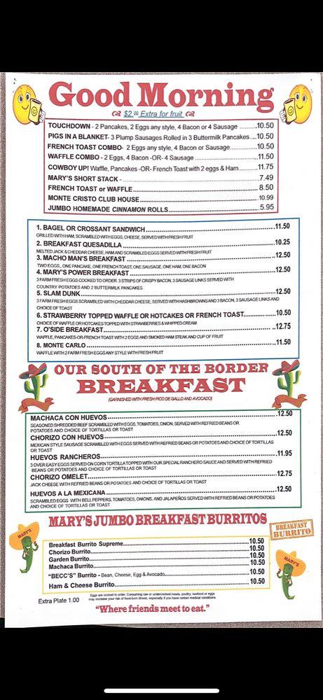Menu at Mary's Family Restaurant, Oceanside