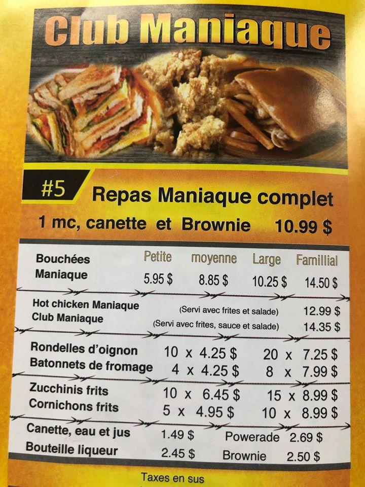 Menu au Poulet Frit Maniaque restaurant, Gatineau