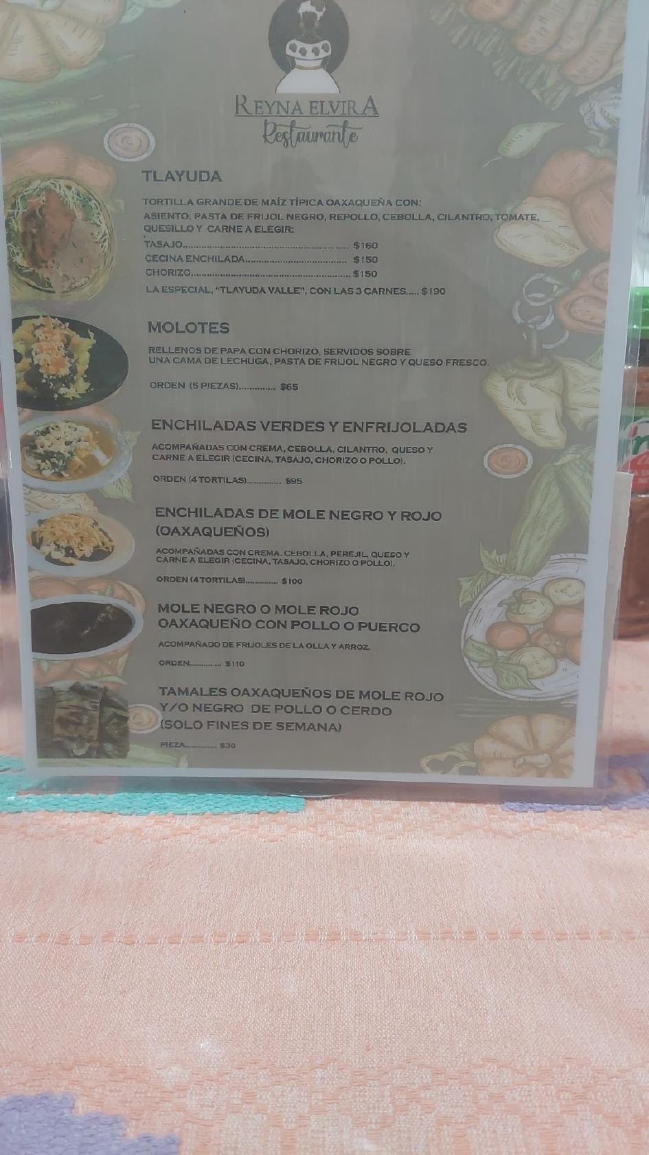Carta de Reyna Elvira Restaurante Comida Tradicional Oaxaqueña, Reynosa
