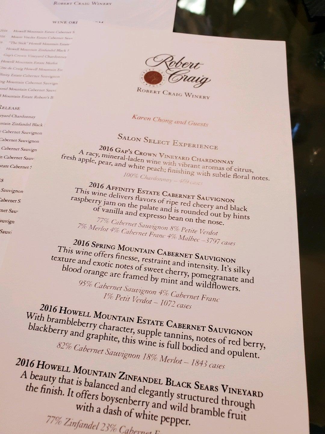 Menu at Robert Craig Winery pub & bar, Napa