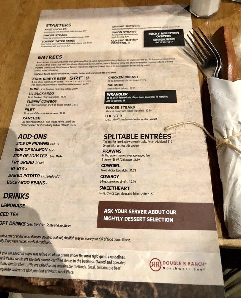 Menu at Wick's Steakhouse, Declo