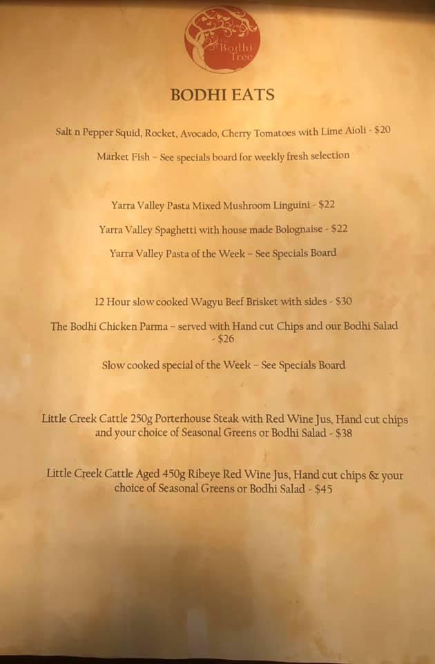 Menu at The Bodhi Tree Restaurant, Healesville