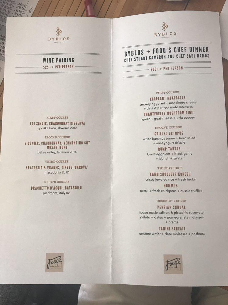 Menu at Byblos Miami restaurant, Miami Beach