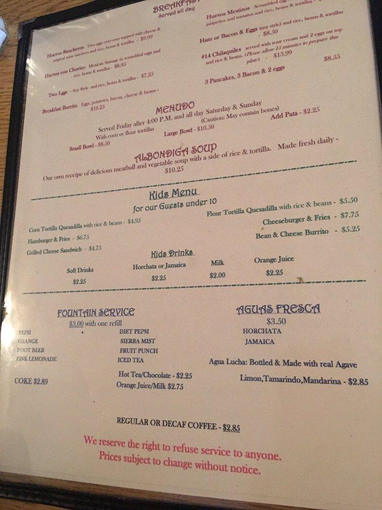Menu at El Tepeyac Cafe, Los Angeles, 812 N Evergreen Ave