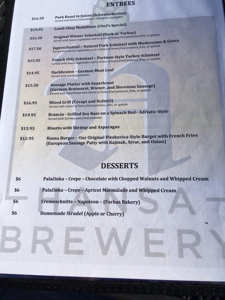 Menu at Hansa Brewery pub & bar, Cleveland