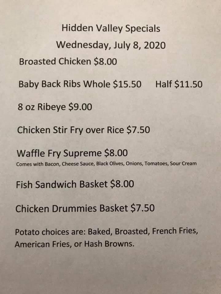 Menu at Hidden Valley Supper Club, USA