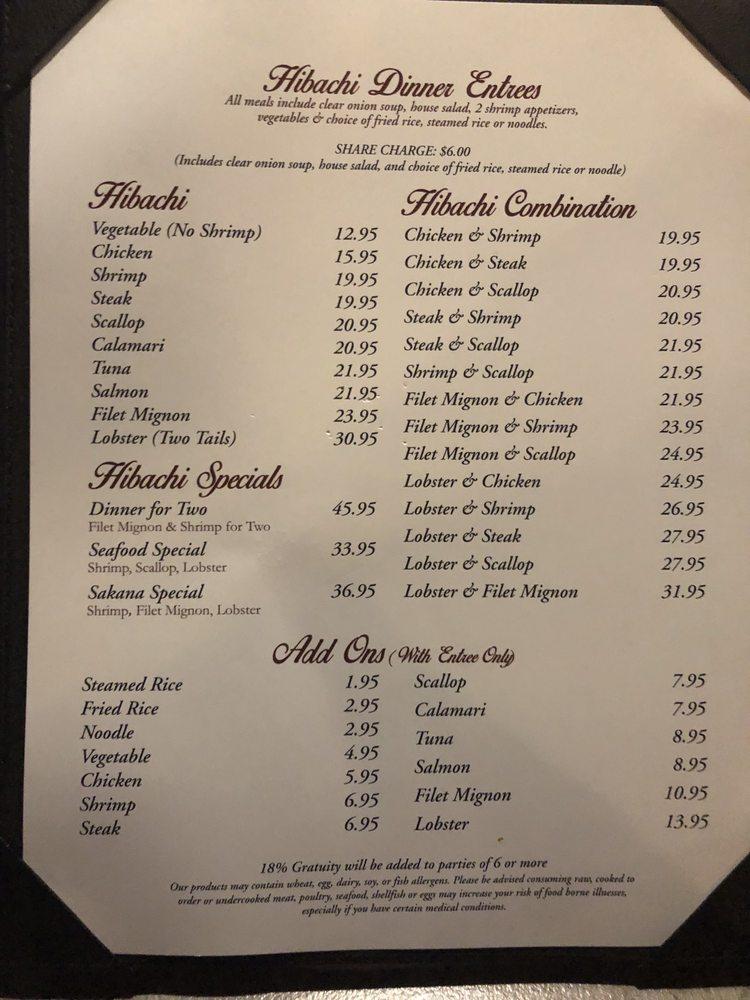 Menu at Sakana Japanese Steakhouse & Sushi Bar, Daytona Beach
