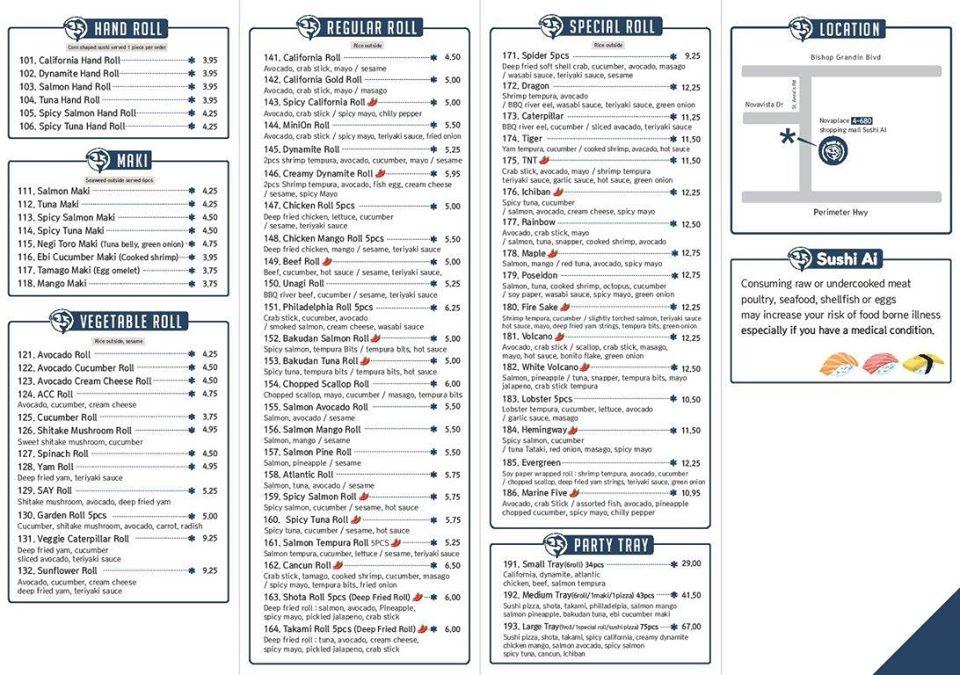 Menu at Sushi Ai restaurant, Winnipeg, 680 St Anne's Rd