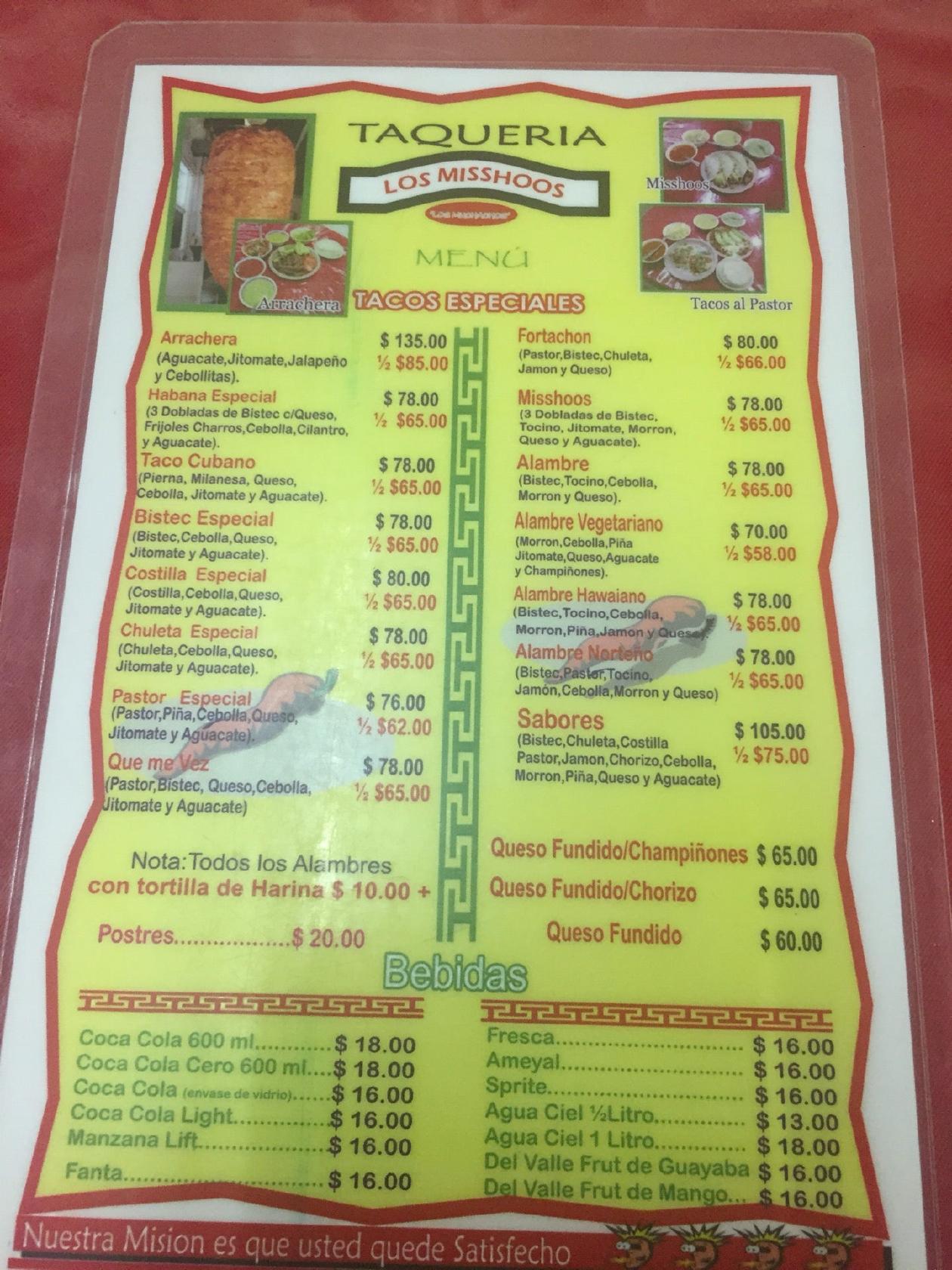 Carta del restaurante Taquería Los Misshoos, Jiutepec