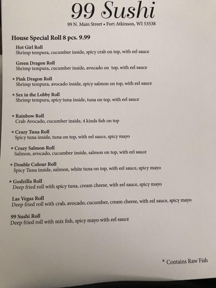 Carta del restaurante 99 sushi, Fort Atkinson