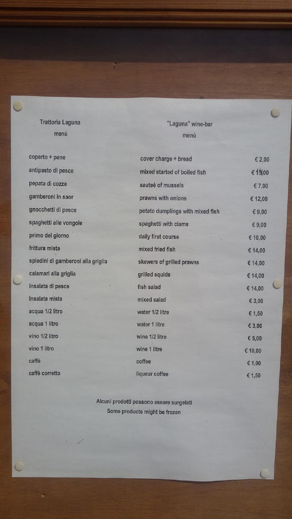Menu da Bar Trattoria Laguna, Venezia, Vianelli