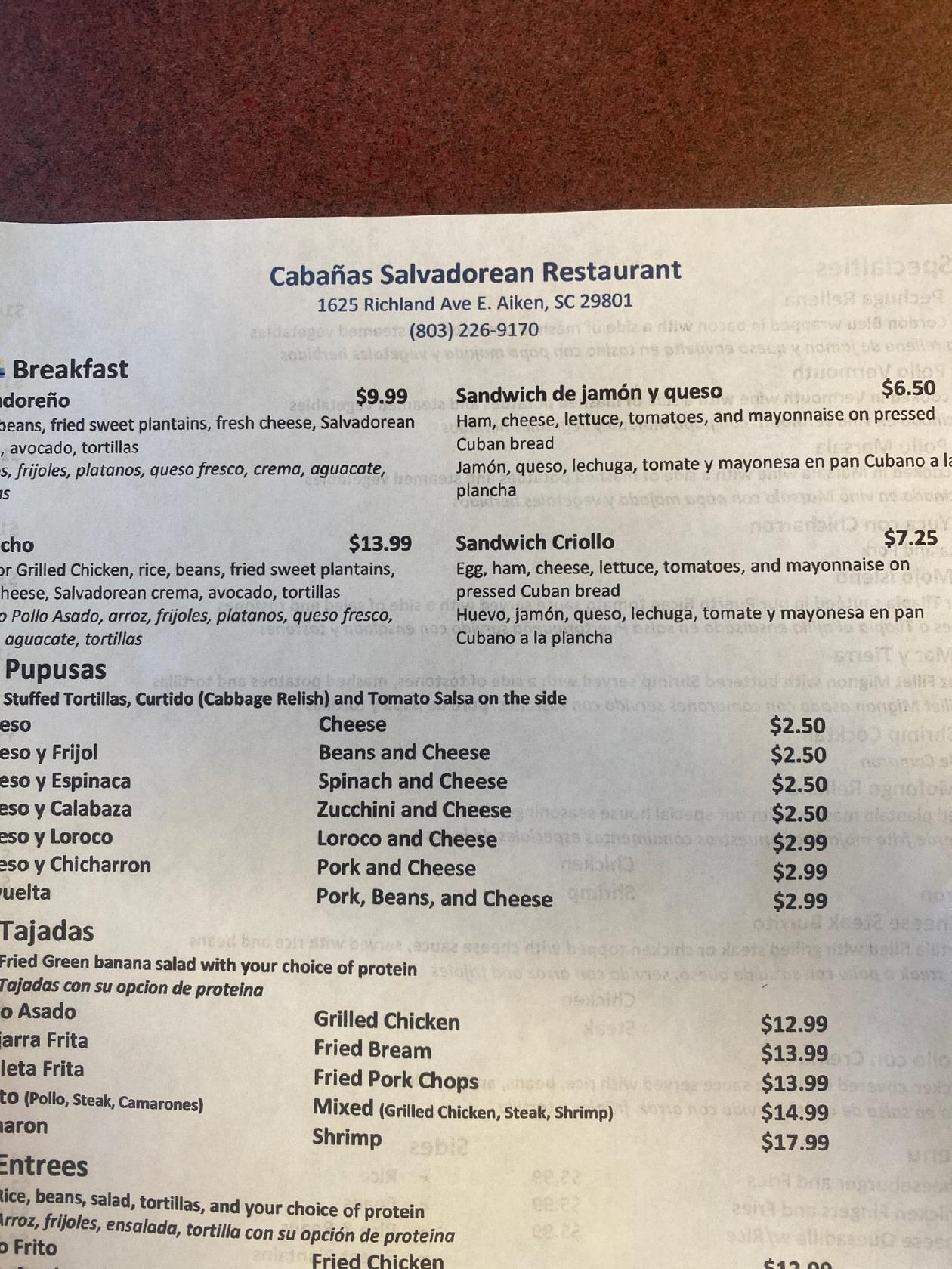 Menu at Pupuseria salvadoreña las verónicas#2 restaurant, Aiken