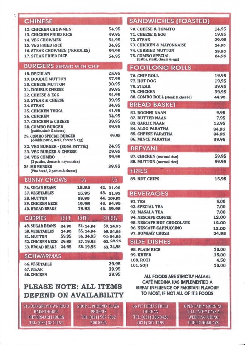 Menu at Cafe Medina, Durban, Shop No. 4