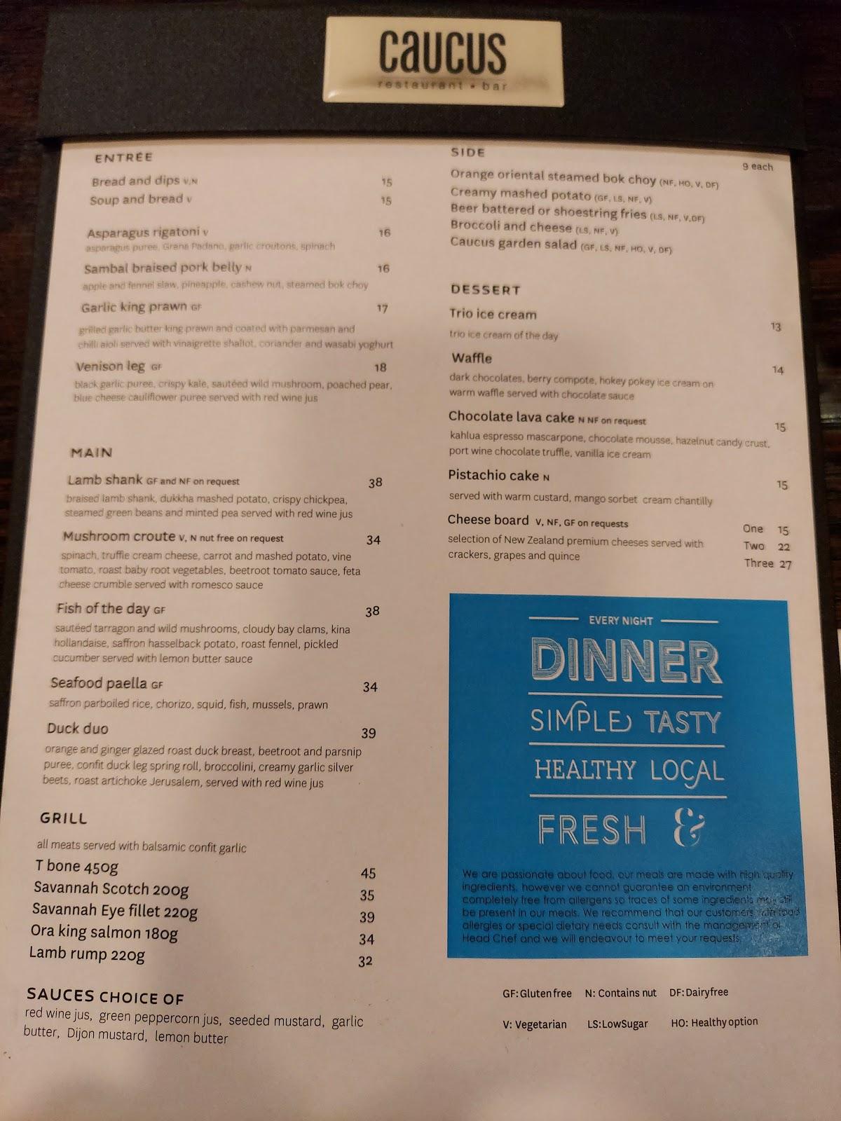 Menu at Caucus Restaurant, Wellington