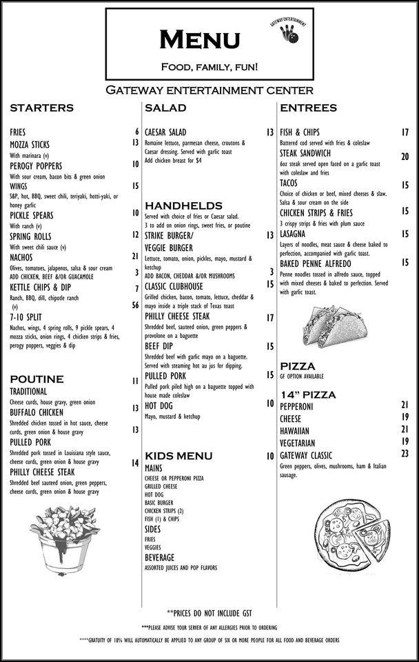 Menu at Gateway Entertainment Centre pub & bar, Edmonton
