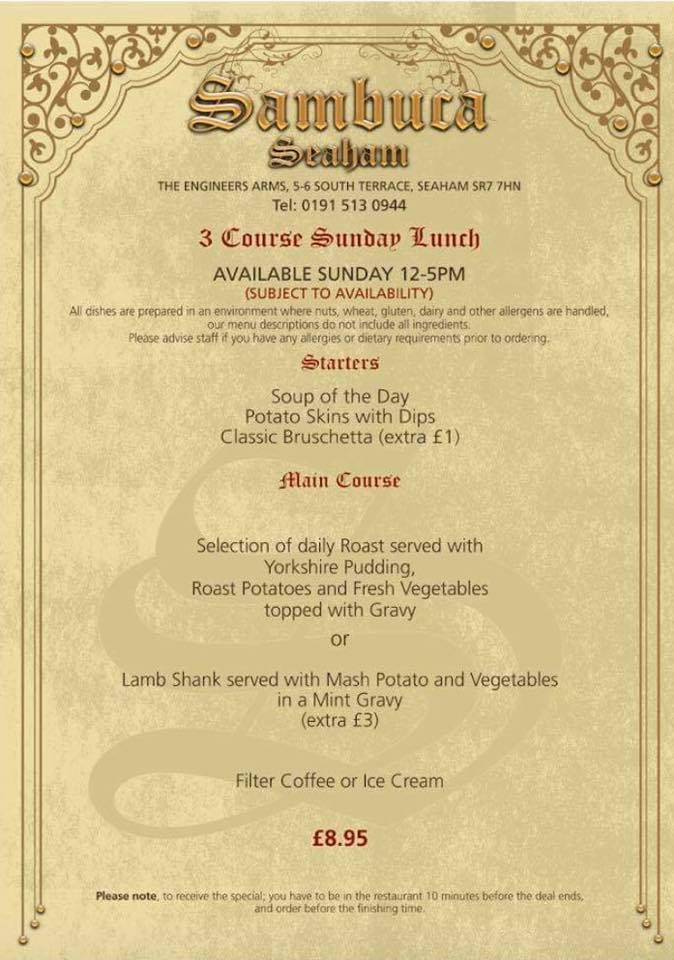 Menu at Sambuca Seaham restaurant, Seaham