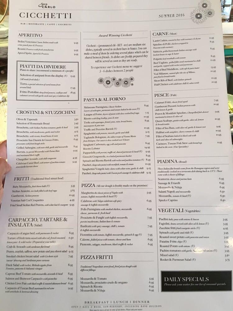 Menu at San Carlo Cicchetti restaurant, London, 215 Piccadilly